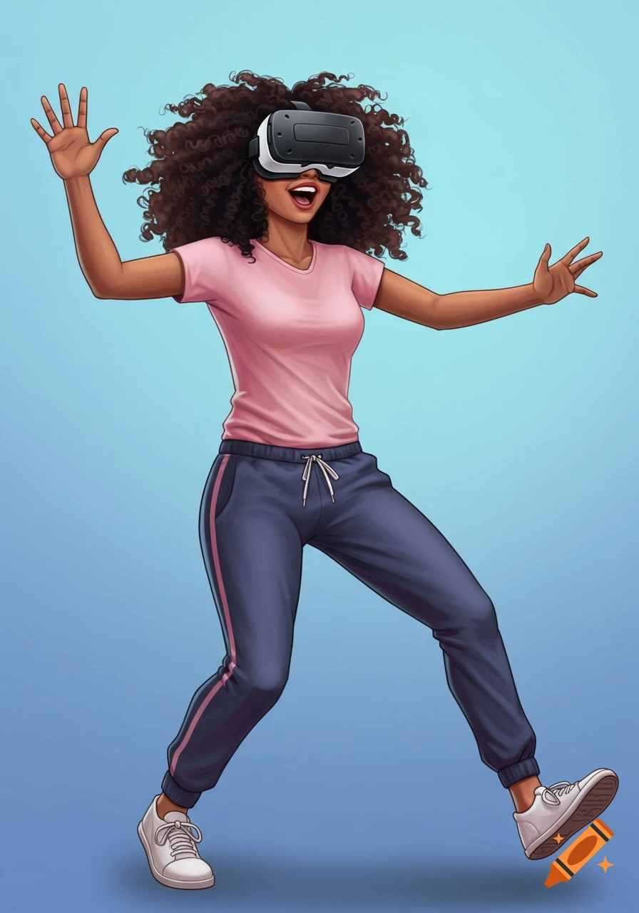 Illustration of a woman wearing a VR headset, jumping excitedly. on Craiyon