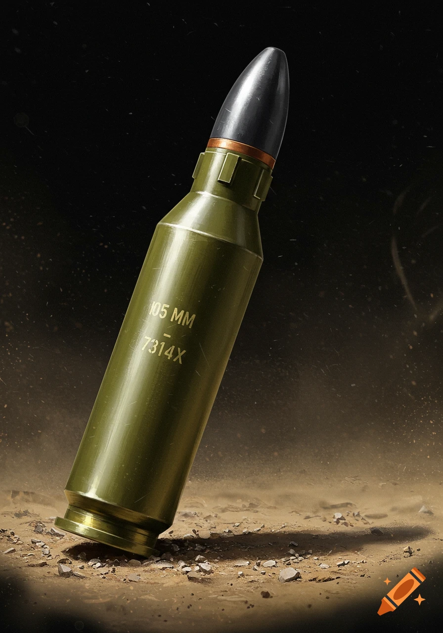 A large 105mm artillery shell stands in dirt, photorealistic digital ...
