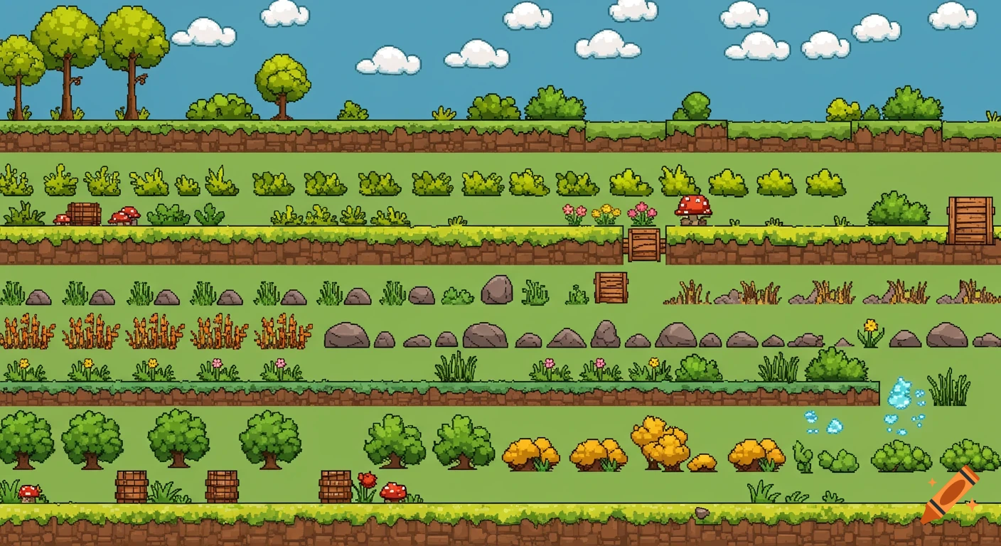 Pixel art platformer game assets including trees, bushes, rocks ...