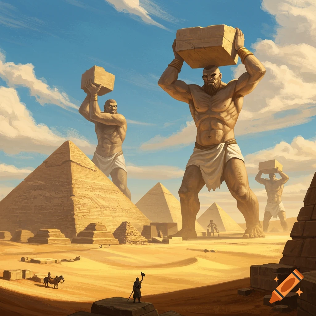 Illustration of giant figures lifting stones to build pyramids in a ...