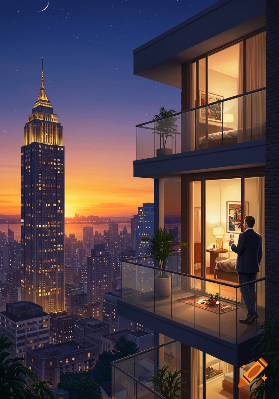 Man on balcony overlooking a city skyline and the Empire State Building ...