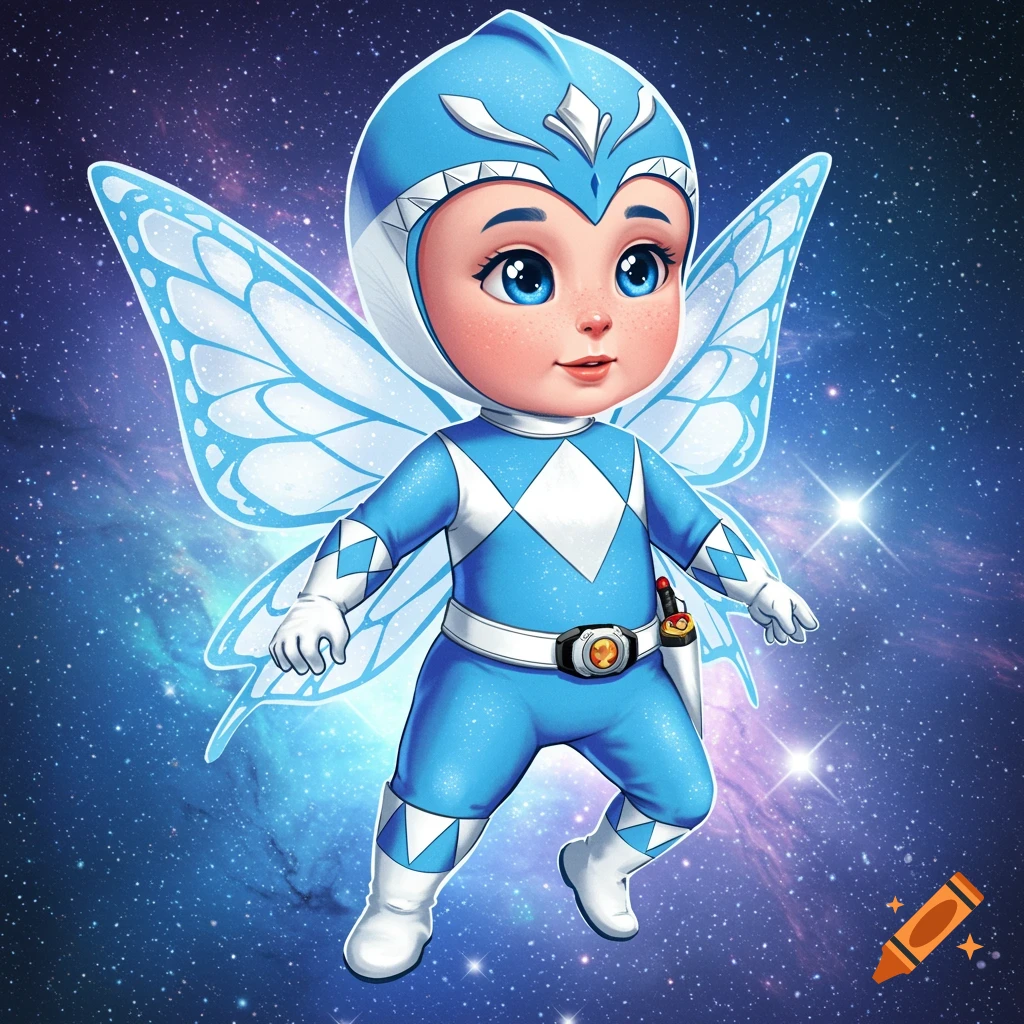 Cartoon baby in blue Power Ranger suit and white butterfly wings floats ...