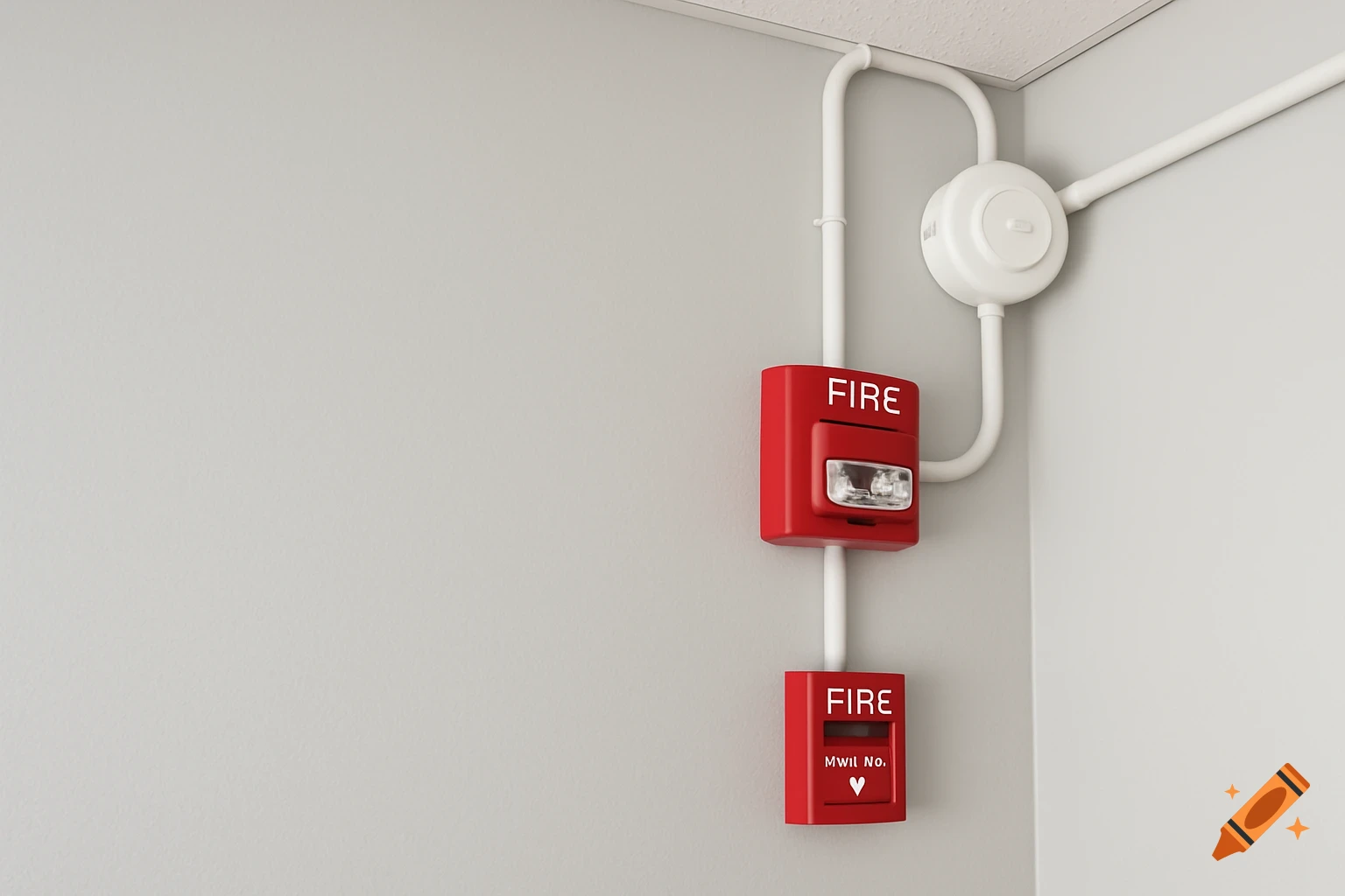 Red fire alarm pull stations and smoke detector on a wall with conduit ...