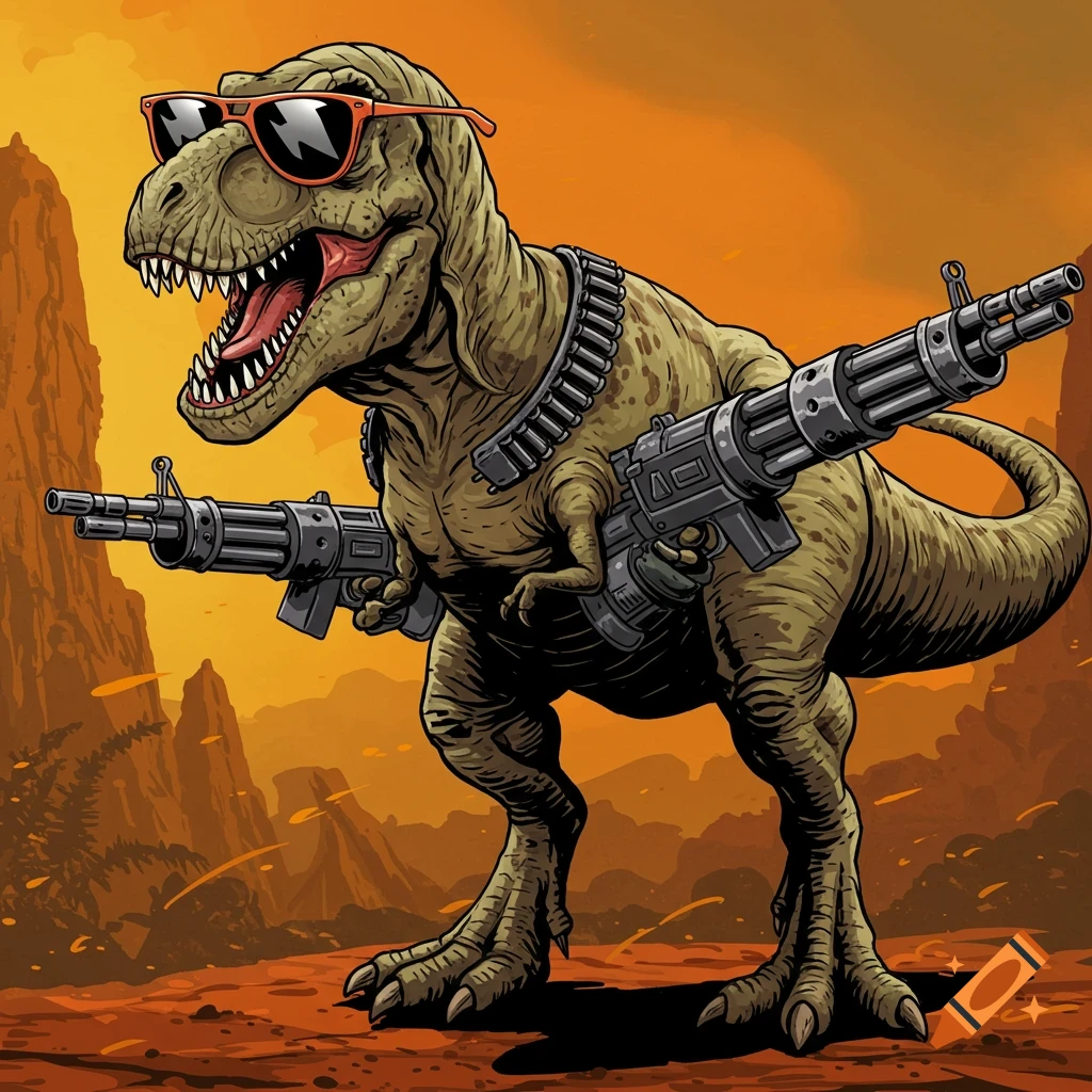 Illustrated T-Rex dinosaur wearing sunglasses and holding machine guns ...