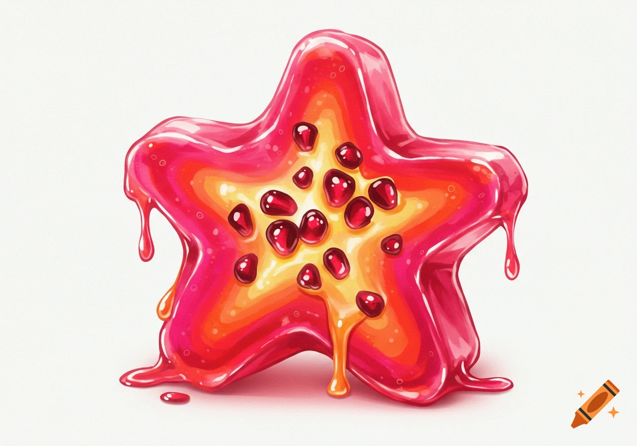 Stylized dripping star-shaped candy with red seeds on Craiyon