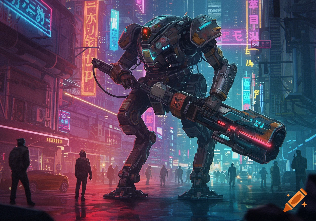 A giant mech stands in a rain-slicked street in a neon-lit cyberpunk ...