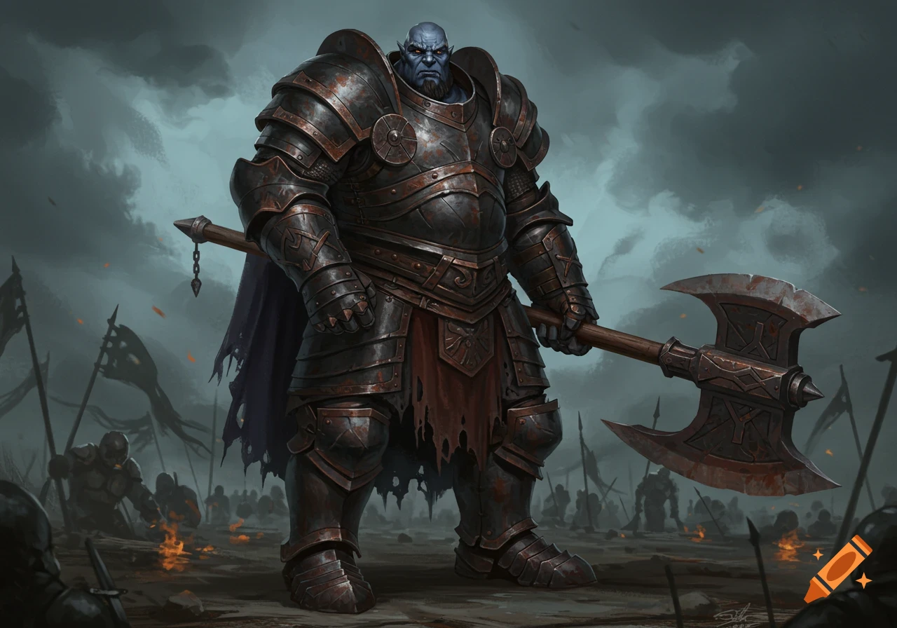 A large blue-skinned fantasy warrior in rusty armor holds a bloody ...