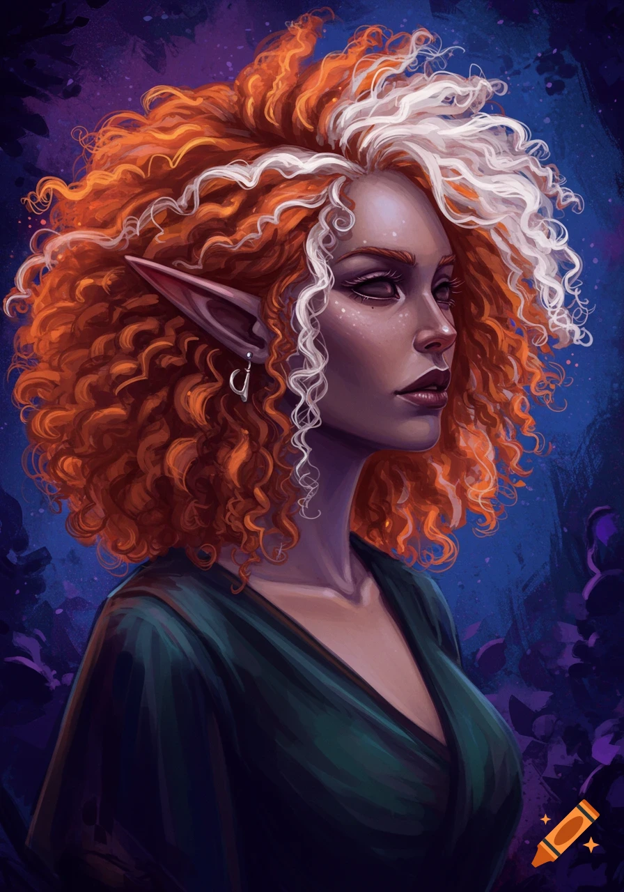 Fantasy portrait of an elf with orange and white curly hair. on Craiyon