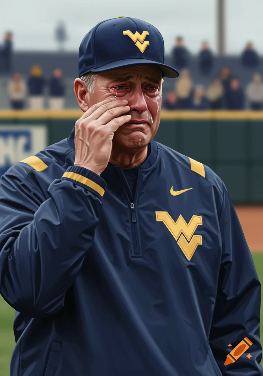 A WVU baseball coach cries on the field, wearing a team jacket and cap ...