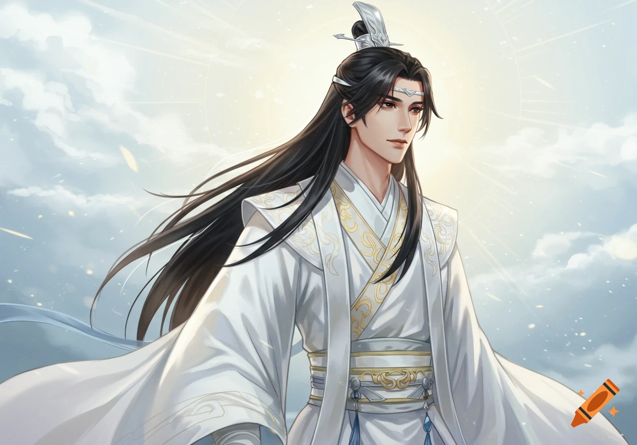 Anime style portrait of a man in white and gold traditional robes ...