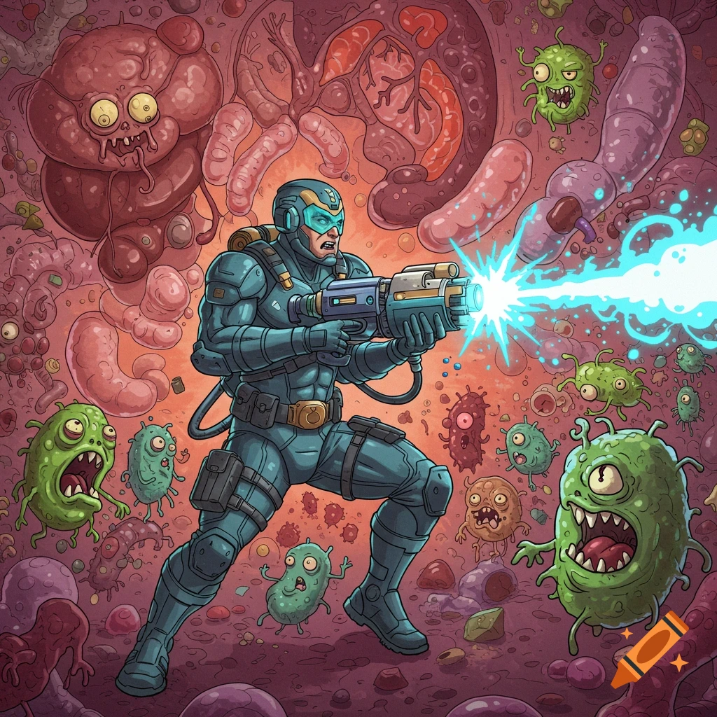 Cartoon character in a tactical suit fighting germs inside a body with ...