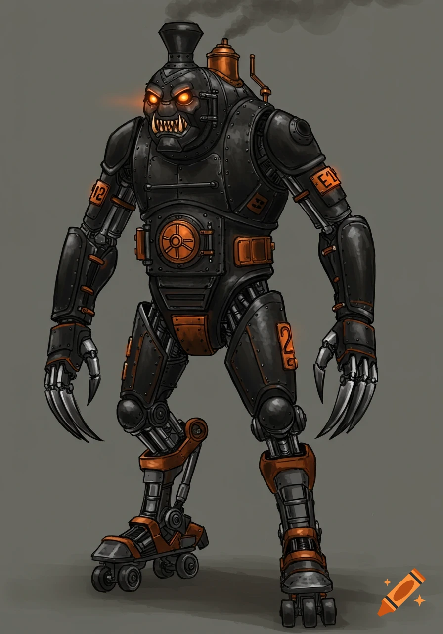 A black and orange steampunk train monster with glowing eyes, claws ...