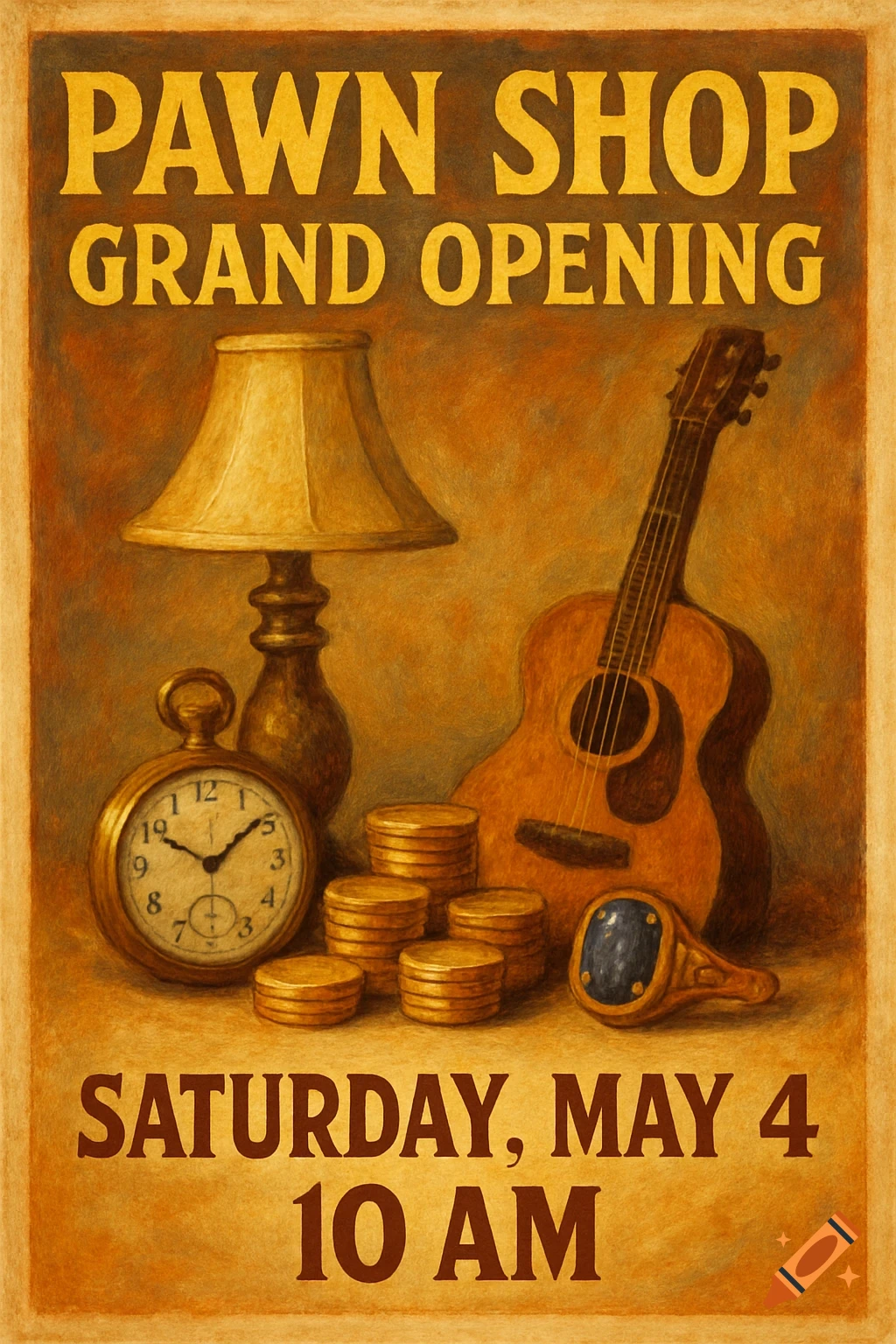Vintage-style poster for pawn shop grand opening with clock, coins ...