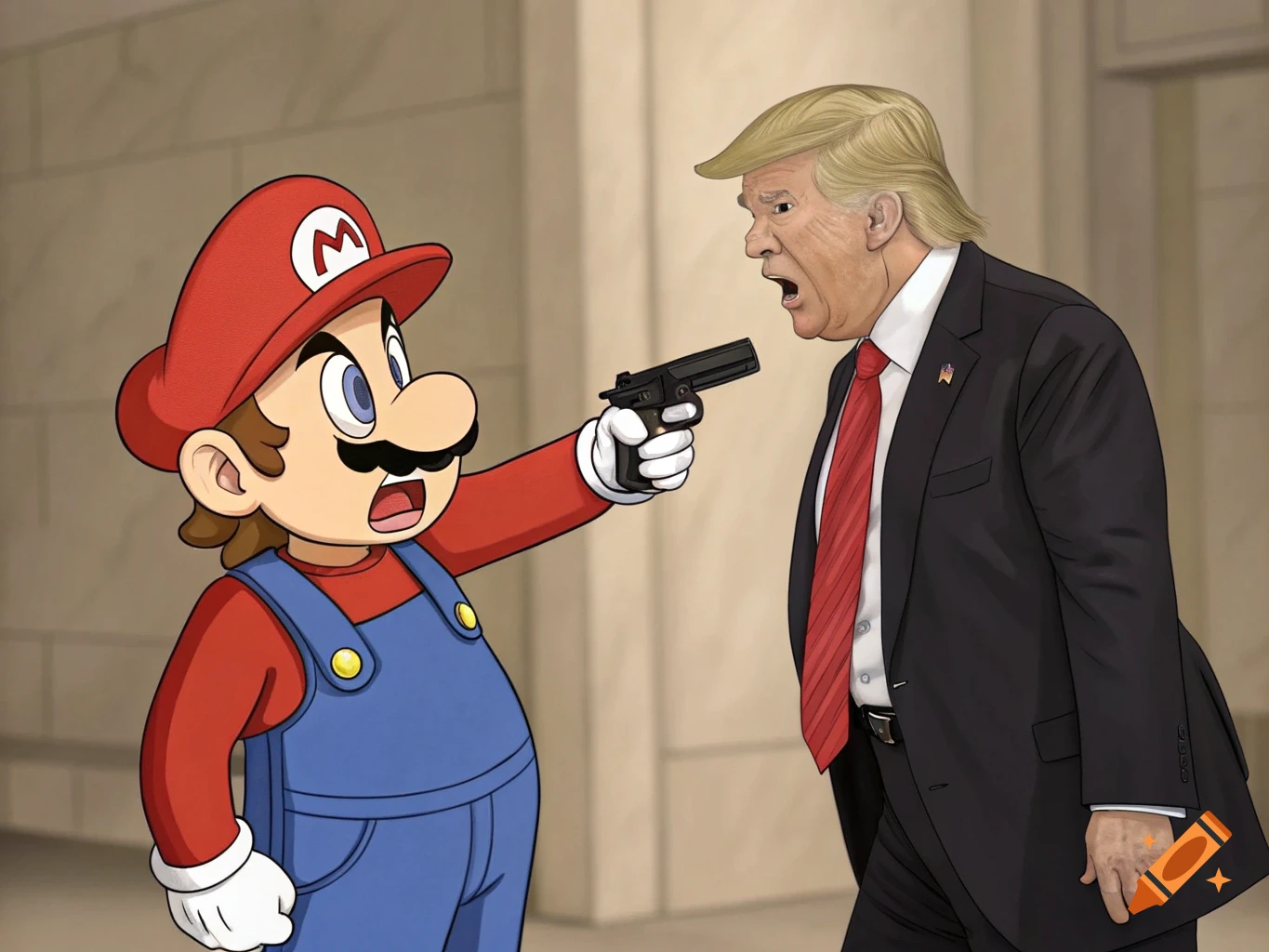 Cartoon of Super Mario pointing a gun at a scared Donald Trump on Craiyon