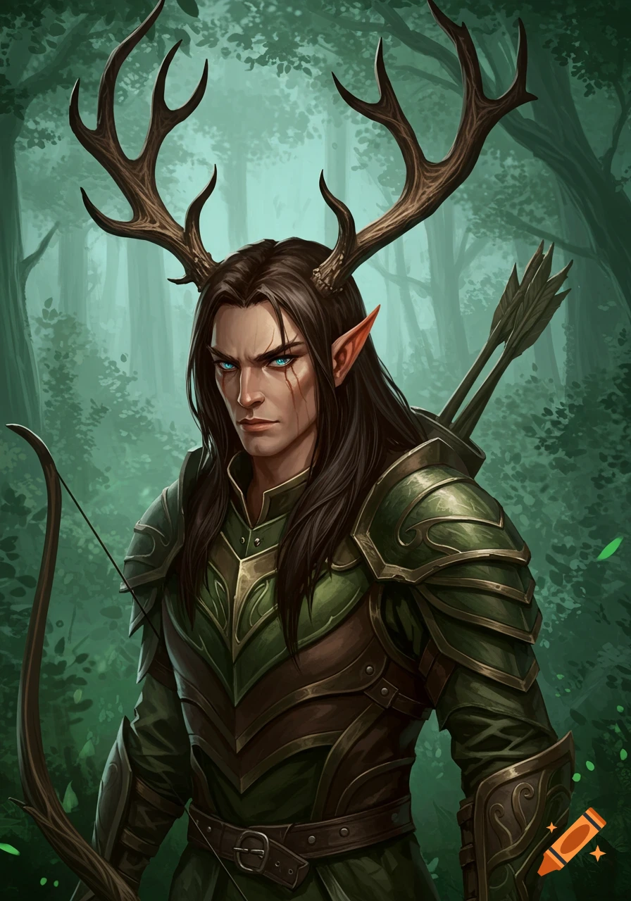 A male elven ranger with antlers and green armor stands in a forest ...