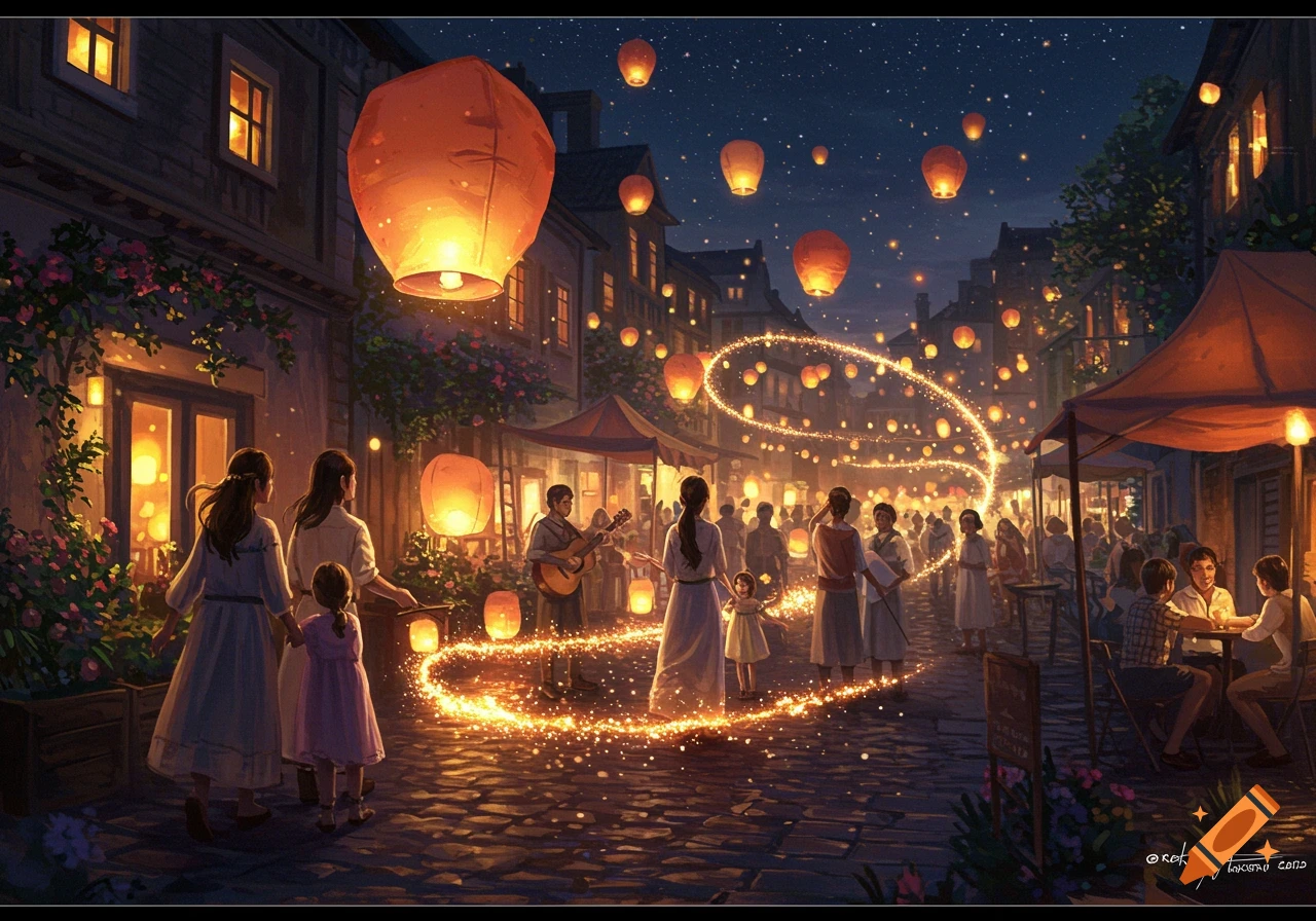 Digital painting of a fantasy night market scene with floating lanterns ...