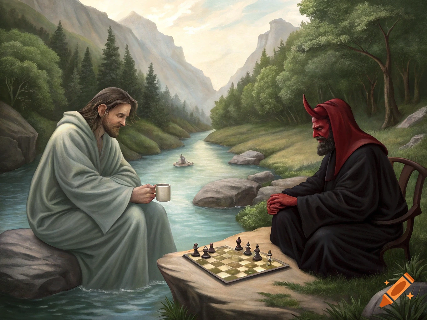 Fantasy painting of Jesus and Satan playing chess by a river. on Craiyon