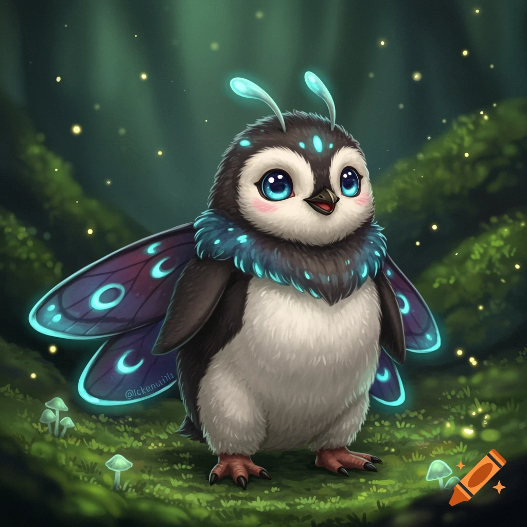 Cute fantasy penguin with moth wings and antennae glowing in a forest ...
