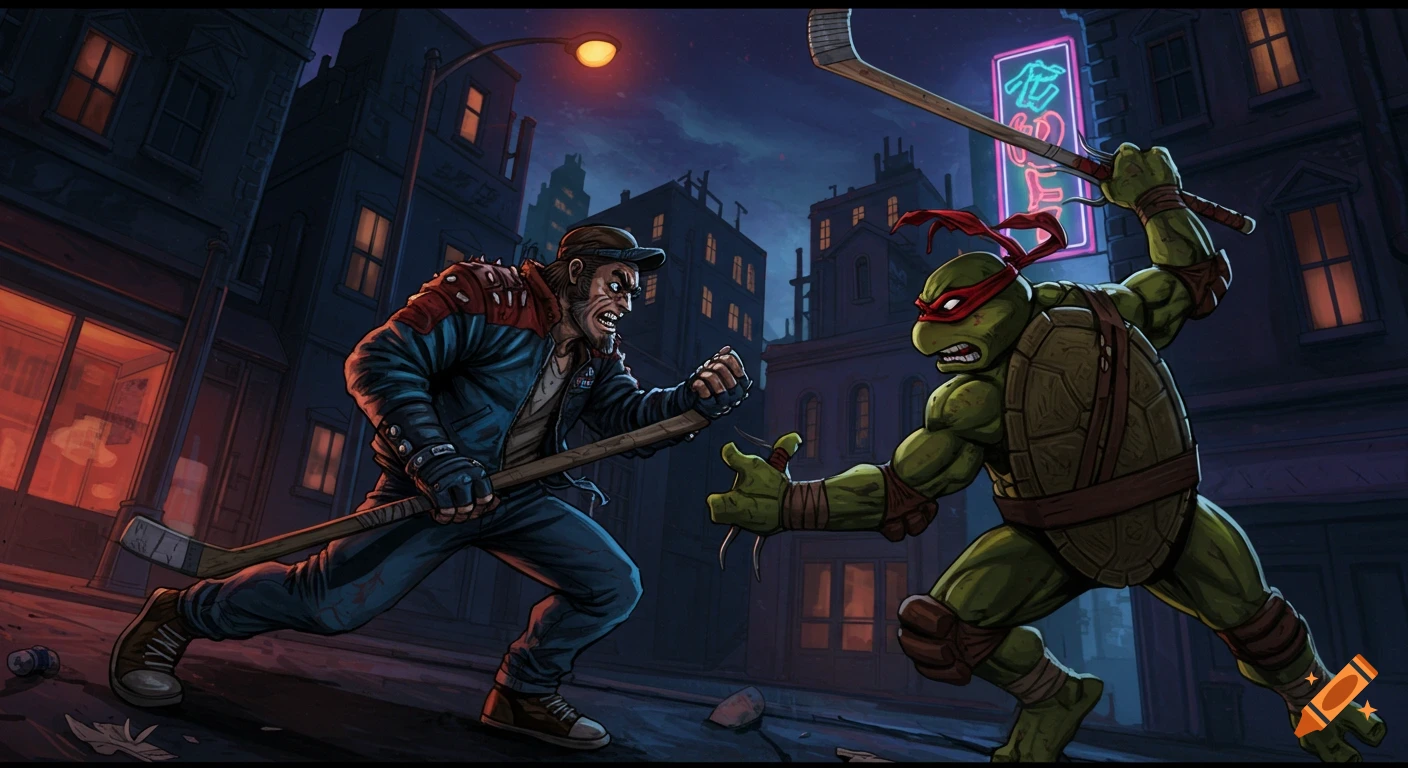 TMNT Casey Jones fights Raphael on a dark city street in comic art ...