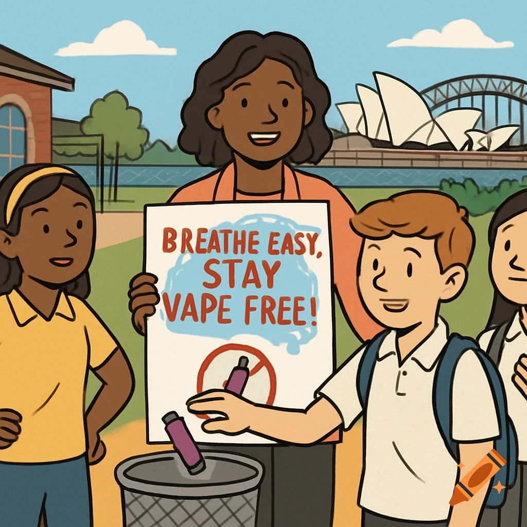 Cartoon of educator and students with anti-vaping poster throwing vapes ...