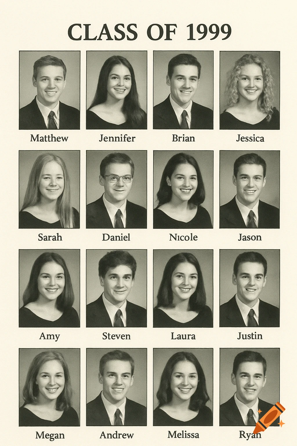 A grid of black and white portraits from a 1999 yearbook, with names ...