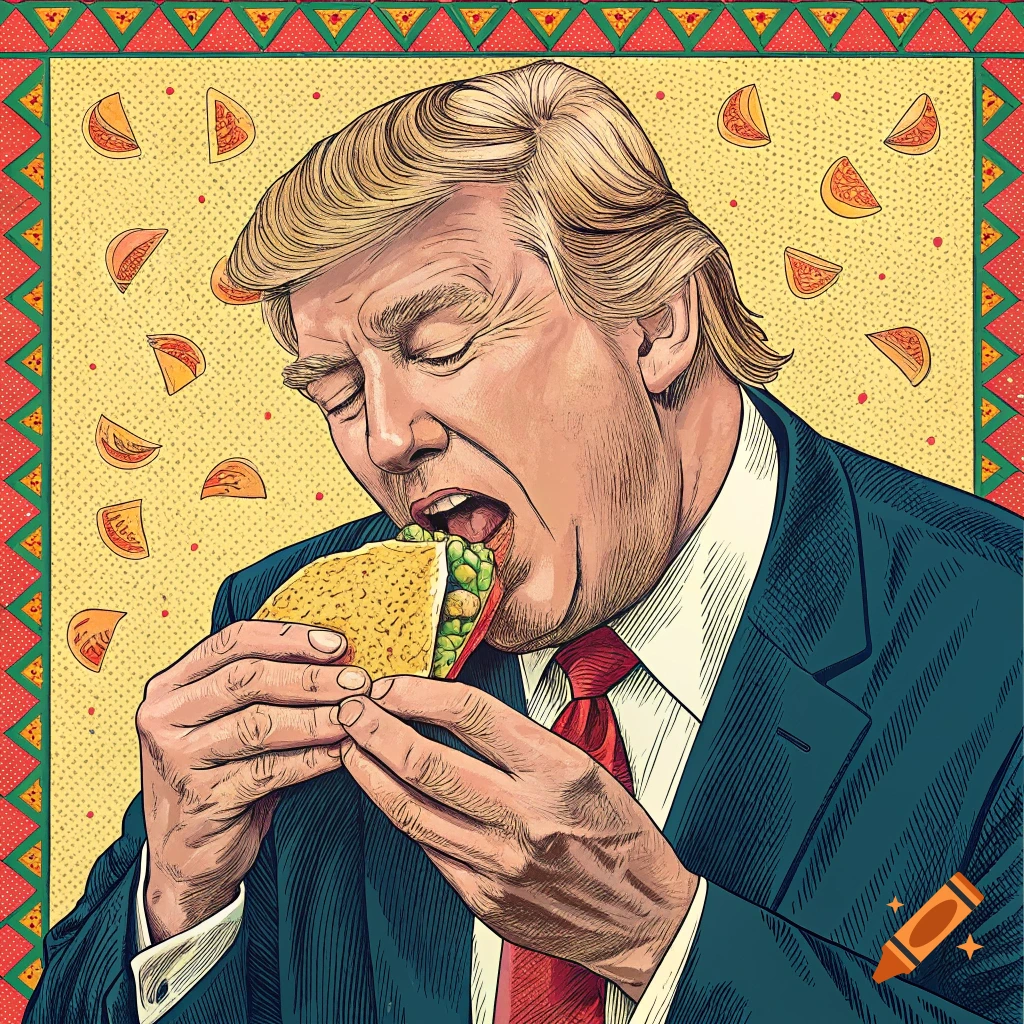 Illustration of Donald Trump eating a taco in a pop art style on Craiyon