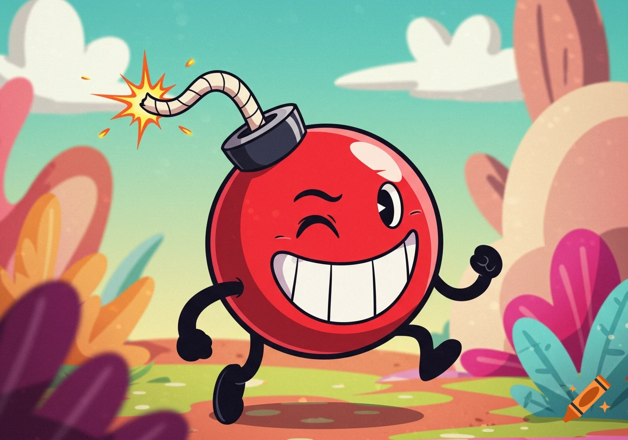 Cartoon red bomb character with lit fuse running in a vibrant, stylized ...