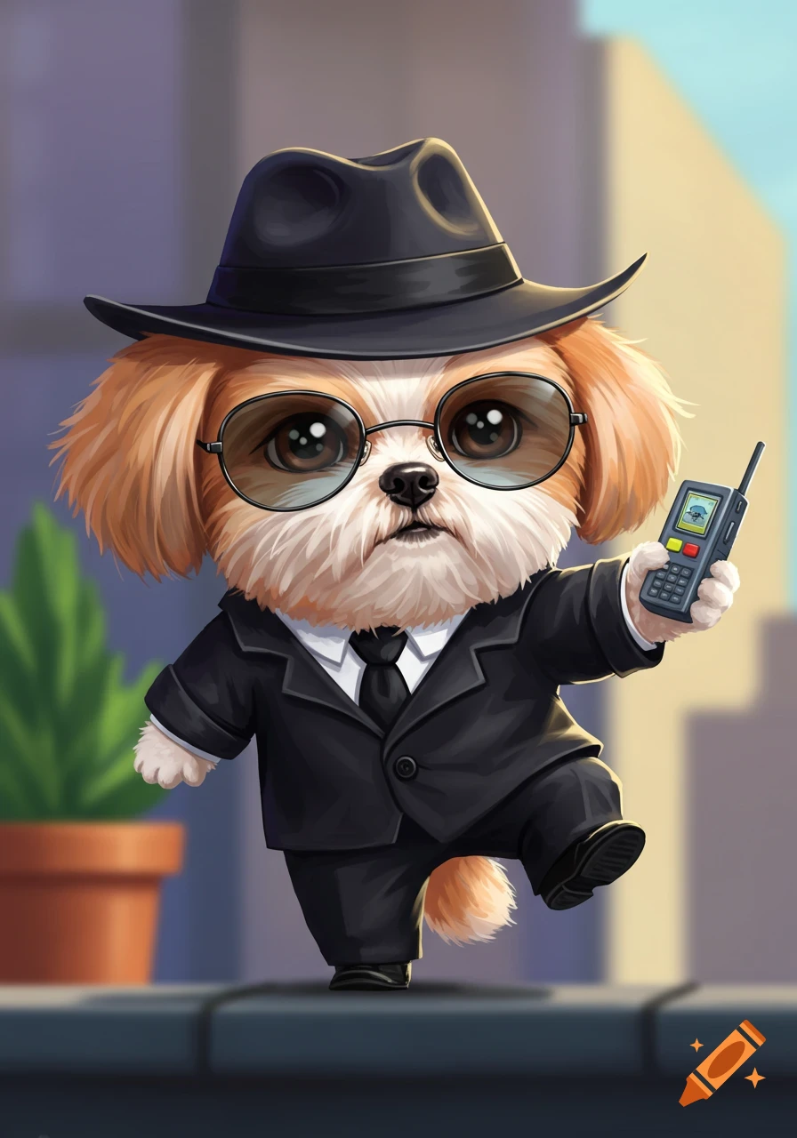 Cute dog dressed as a spy in a suit and hat, holding a walkie-talkie ...