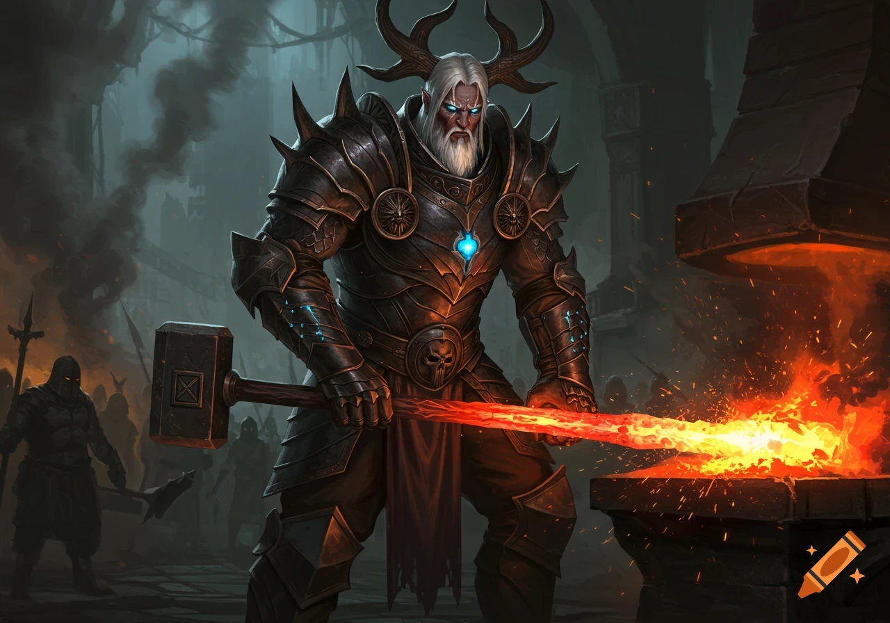 A fantasy blacksmith in dark armor with horns forging a glowing sword ...