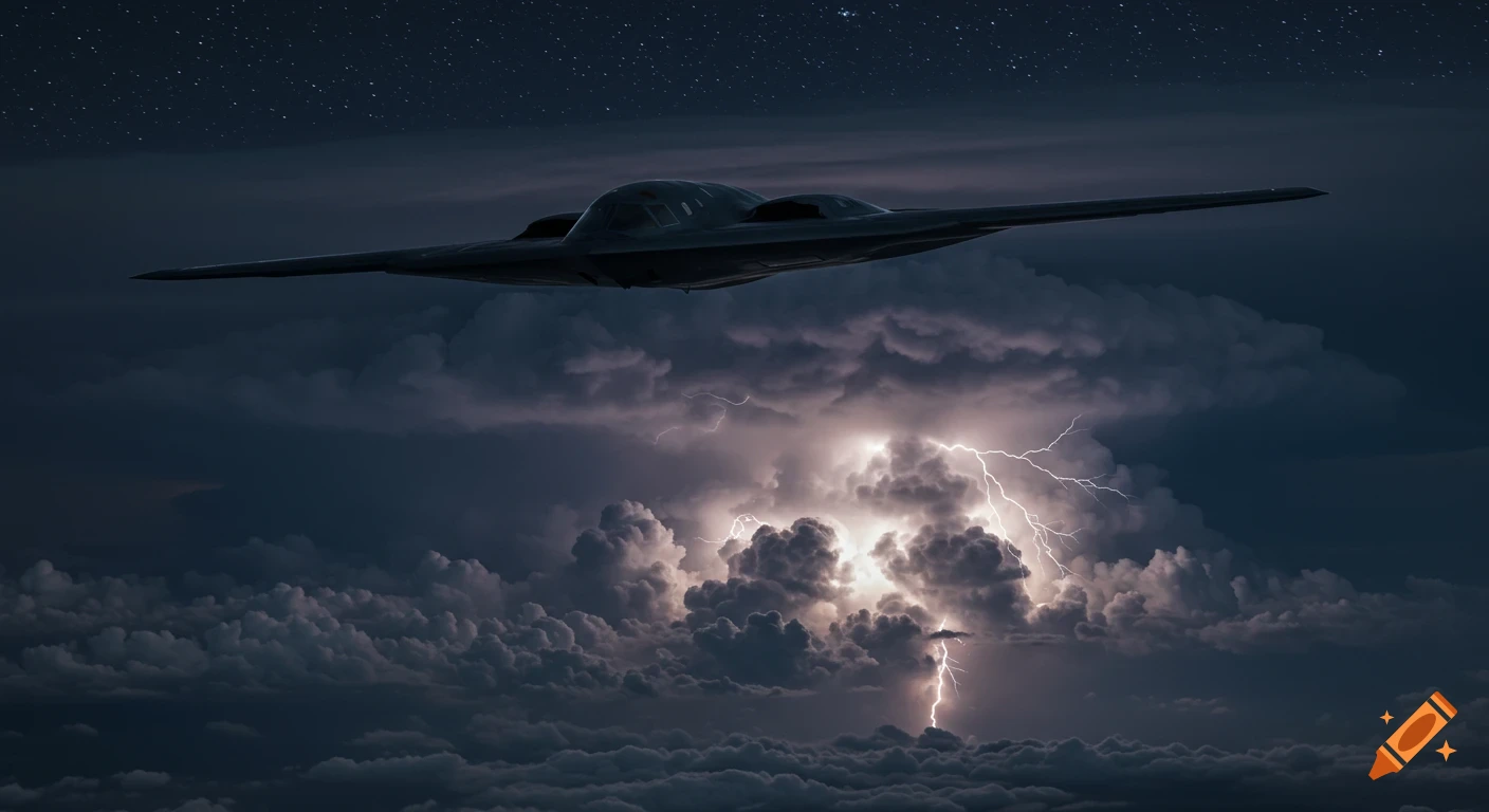A B-2 Spirit stealth bomber flies above a thunderstorm with lightning ...