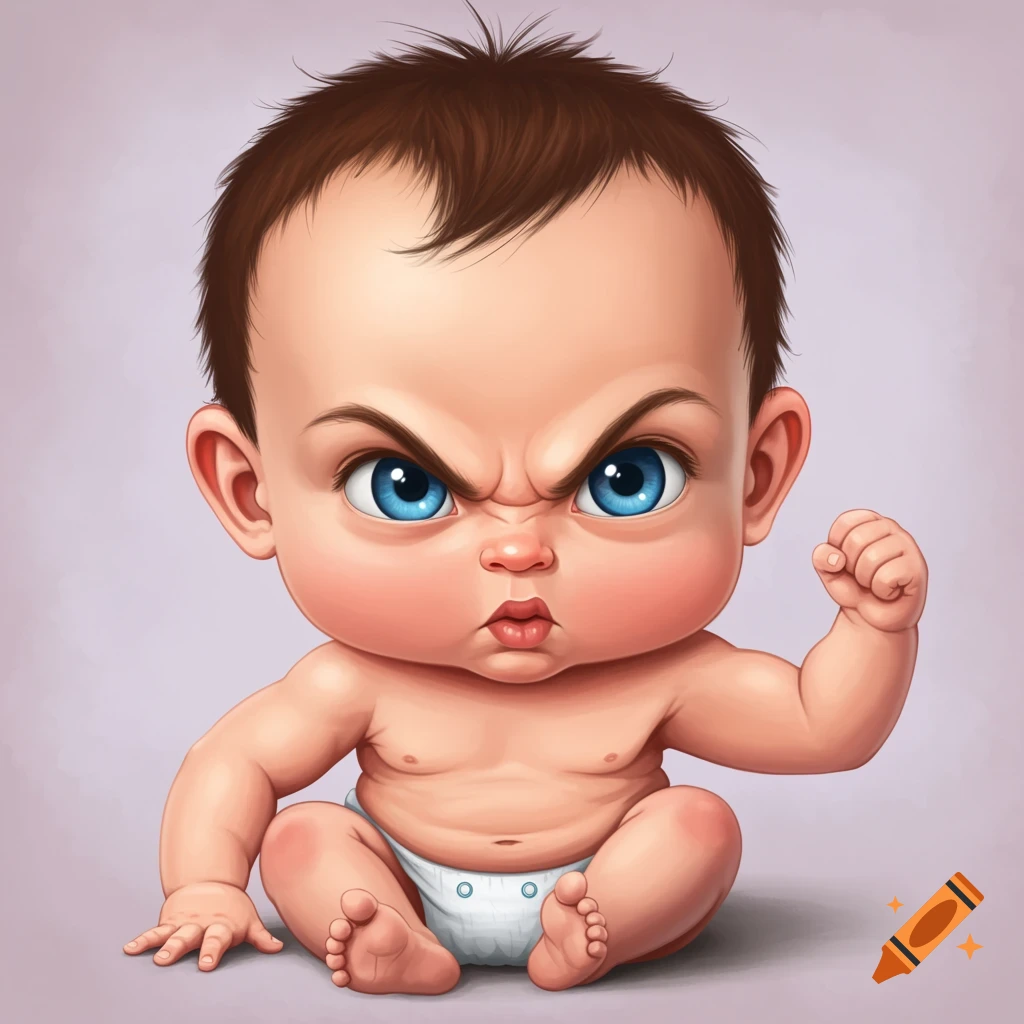 A cartoon caricature of a strong, angry baby with blue eyes, sitting and flexing its fist. on ...