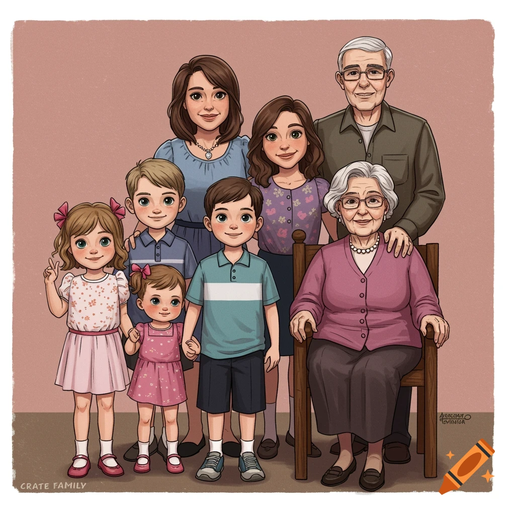 Cartoon illustration of a multi-generational family. on Craiyon