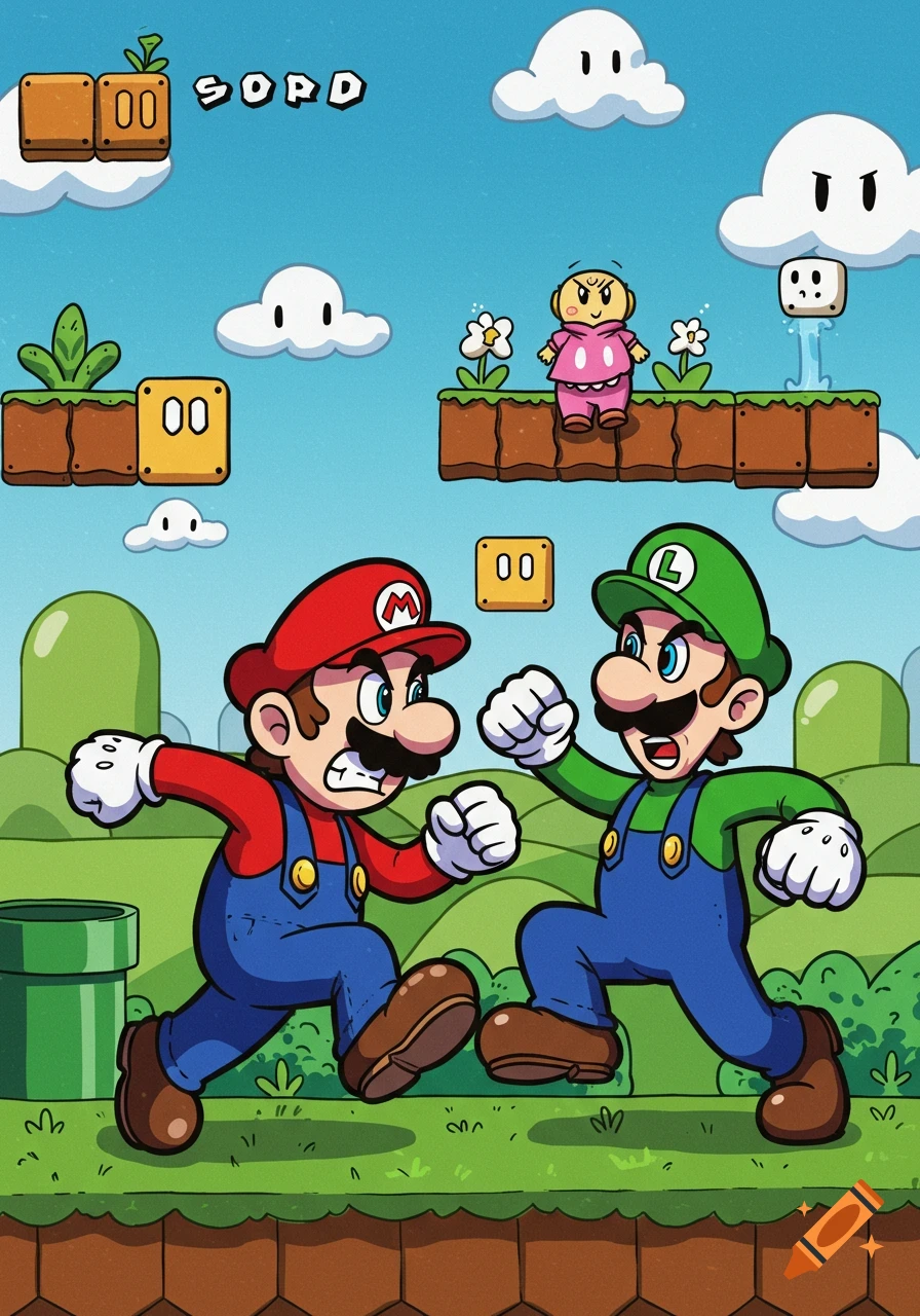 Mario and Luigi in a fighting pose in a colorful cartoon Super Mario ...
