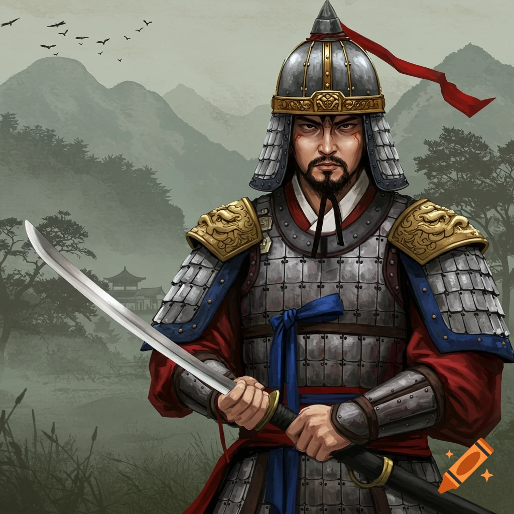 Korean warrior in detailed armor holding a sword against a backdrop of ...