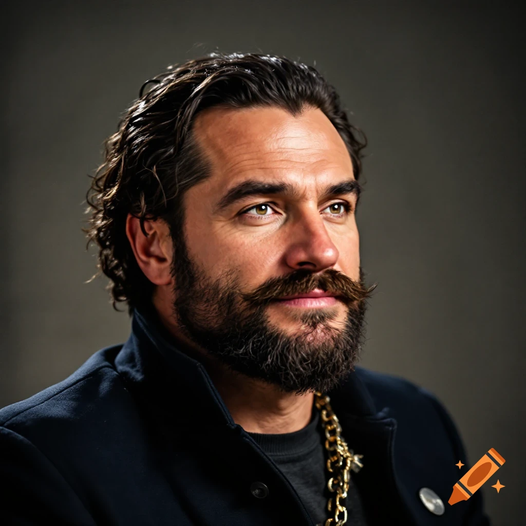 Portrait of a man with a beard, mustache, and gold chain looking upwards. on Craiyon