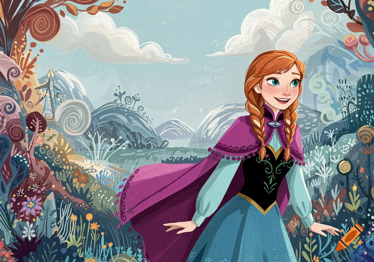 Illustration of Princess Anna from Frozen in a stylized landscape in ...
