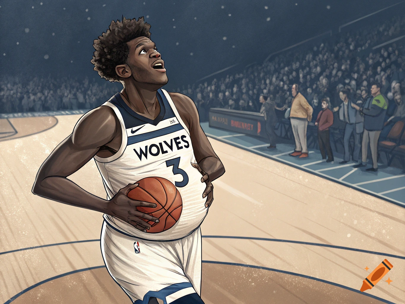 Illustration of a basketball player in a white jersey holding a ...