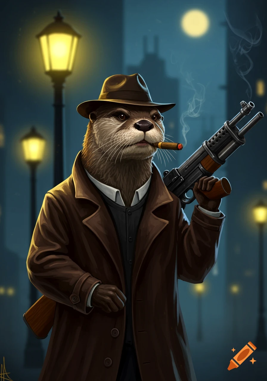 An otter dressed as a gangster holds a machine gun and smokes a cigar ...