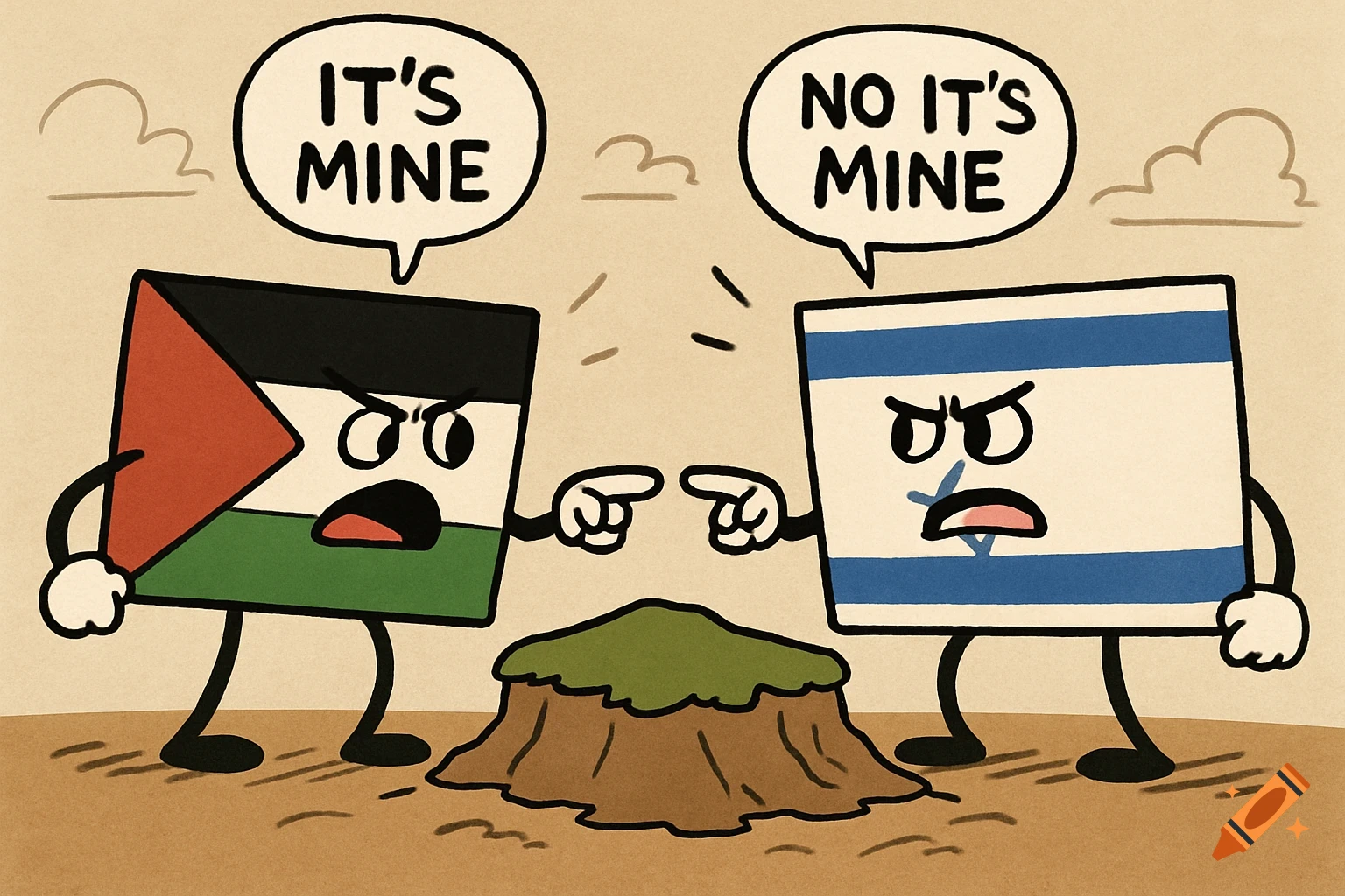 Cartoon flags of Palestine and Israel argue over a patch of land with ...