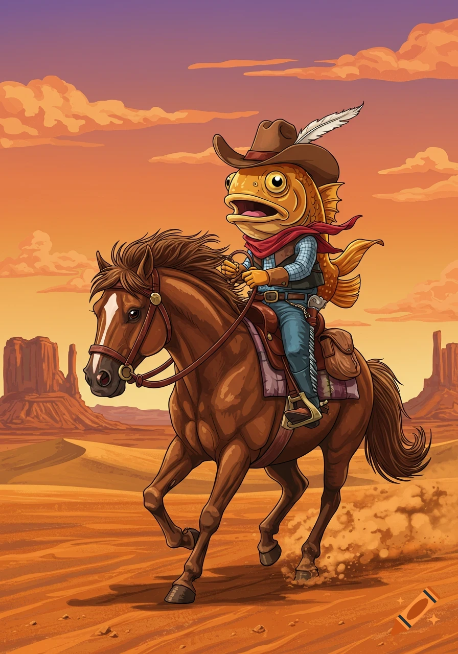A cartoon goldfish wearing a cowboy hat and scarf rides a horse through ...