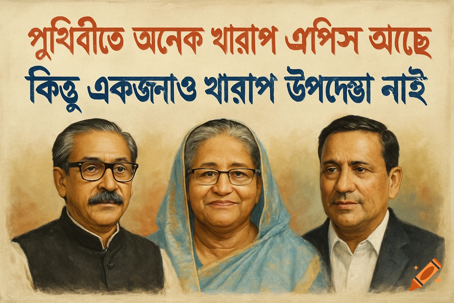 Painted portrait of three Bengali political figures with Bengali text ...