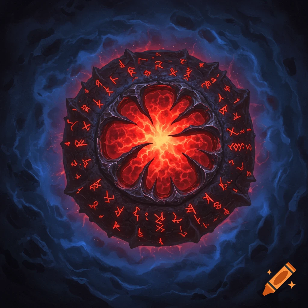 Dark spiky orb covered in red runes with fiery core and blue energy ...