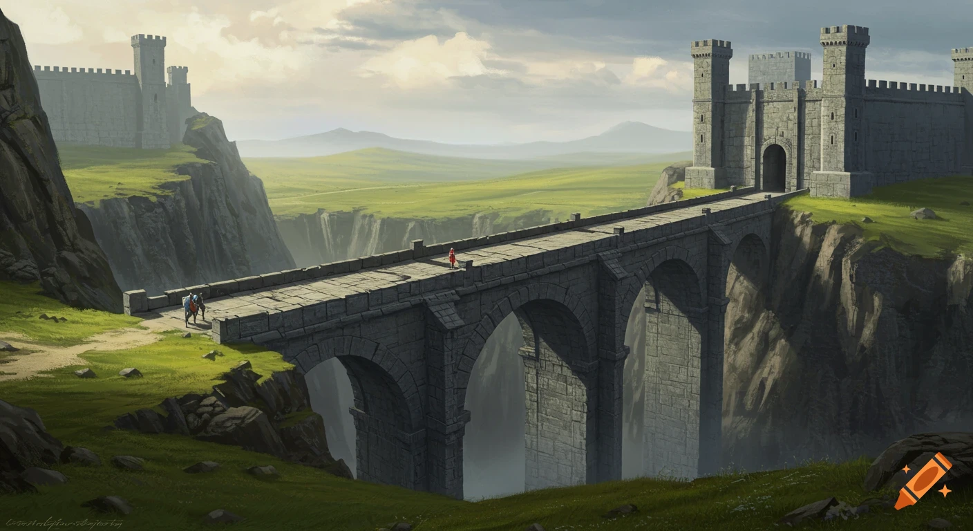 A large stone bridge connects two medieval fortresses high above a ...