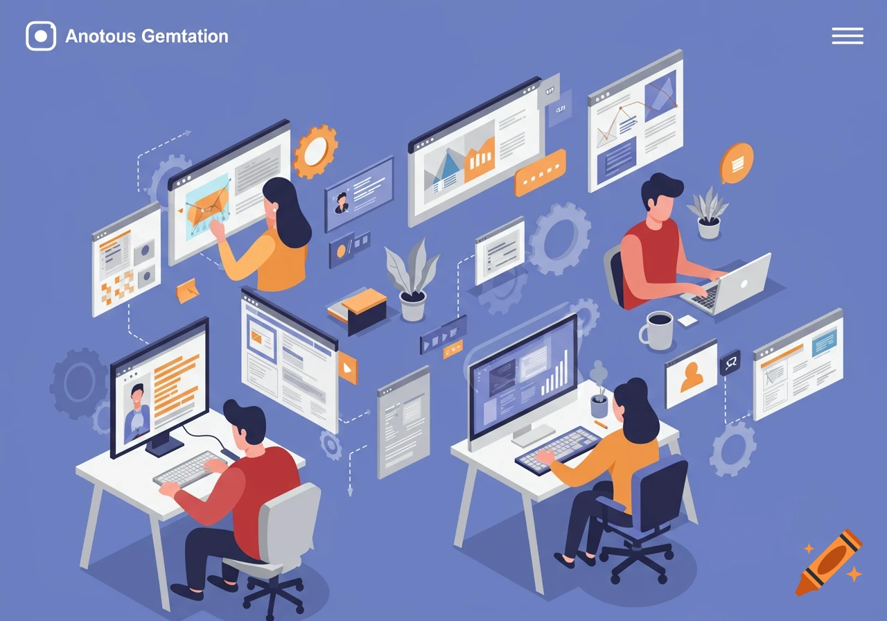 Flat cartoon illustration of people working at computers with digital ...