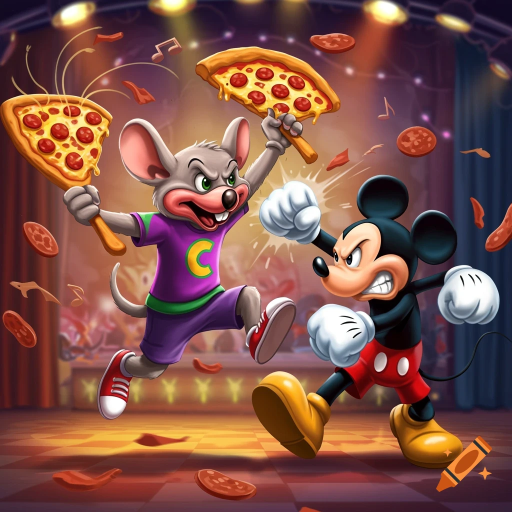 Cartoon depiction of Chuck E. Cheese fighting Mickey Mouse with pizza ...