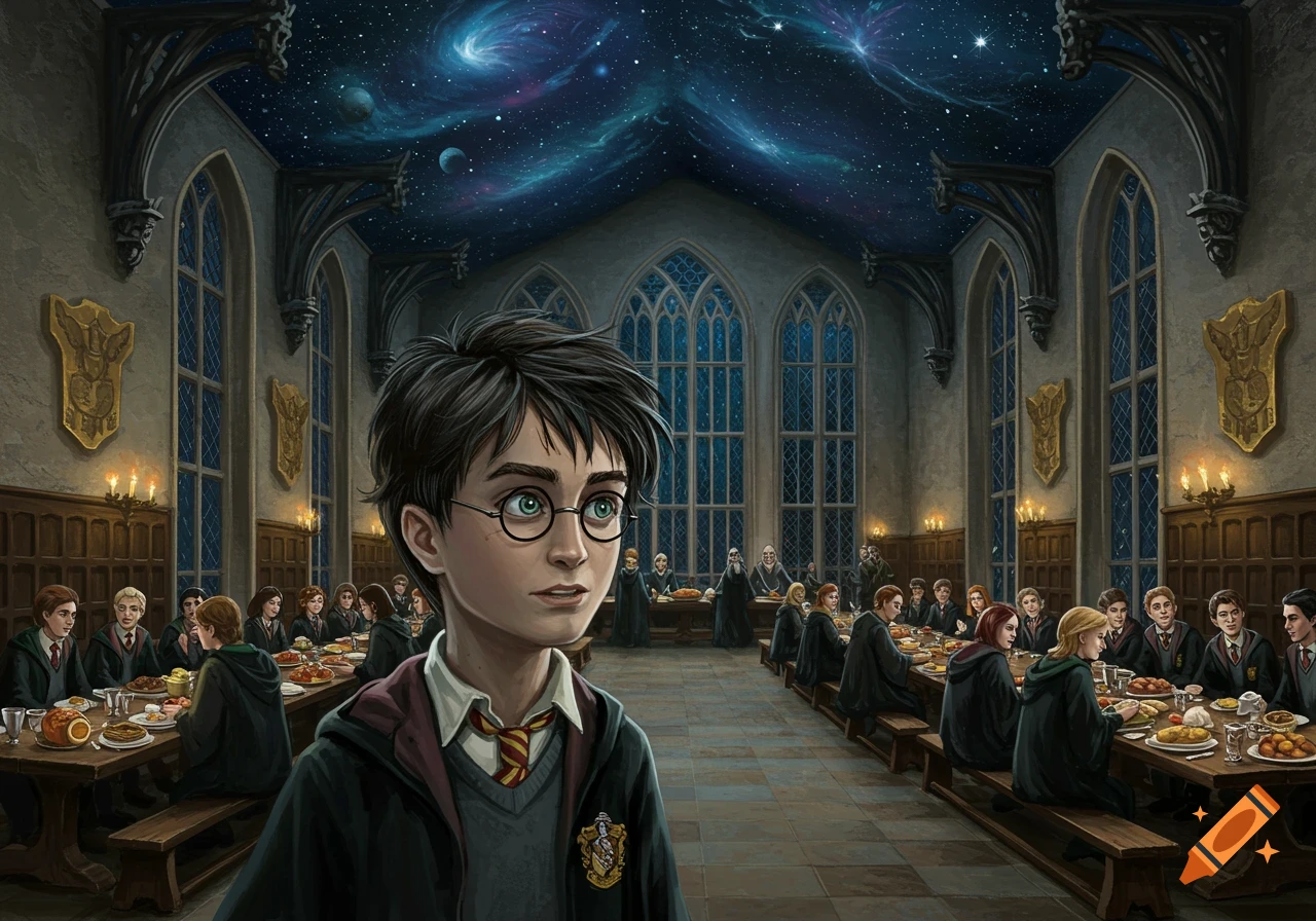 Illustration of Harry Potter in the Great Hall at Hogwarts, with ...