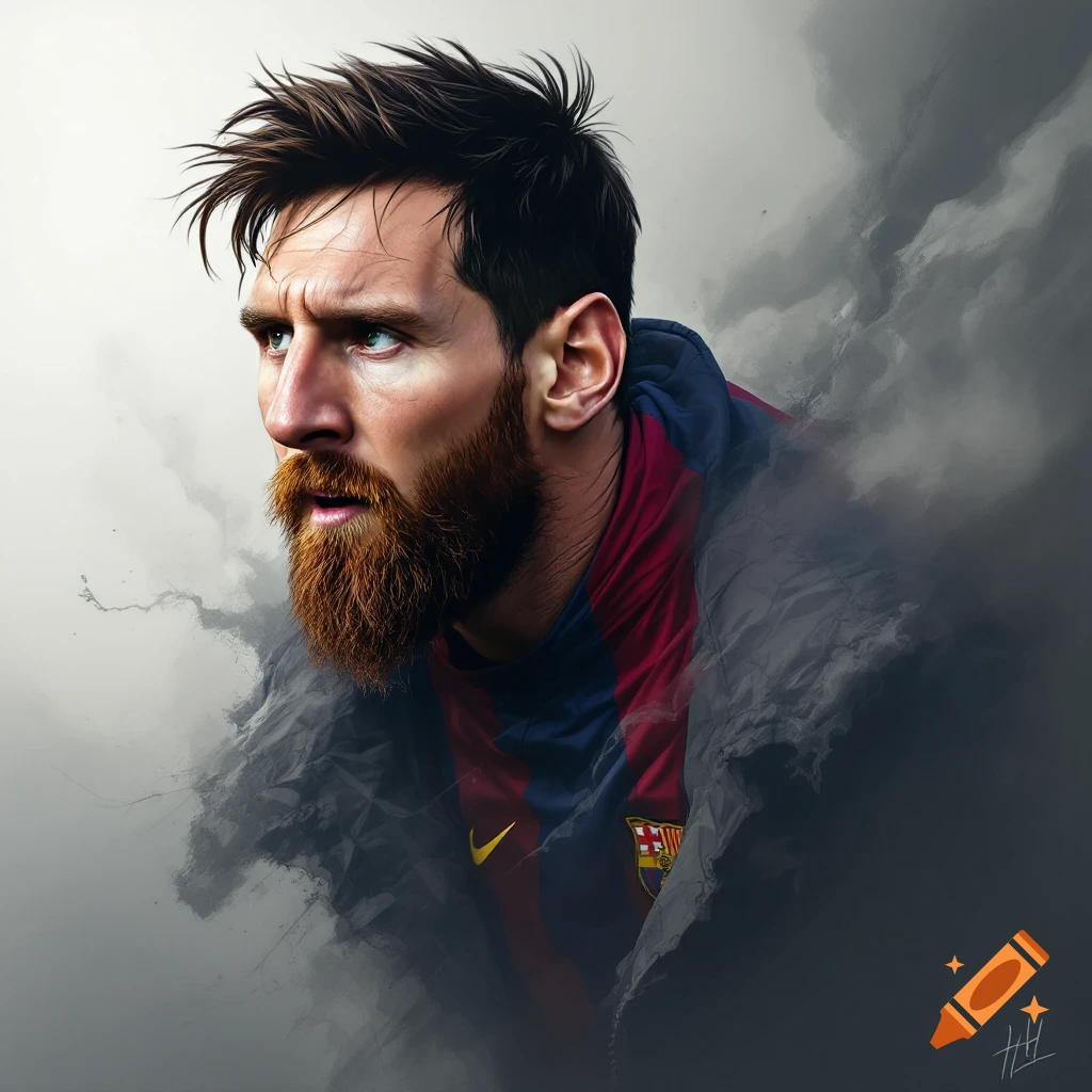 Portrait of Lionel Messi wearing a Barcelona shirt on Craiyon