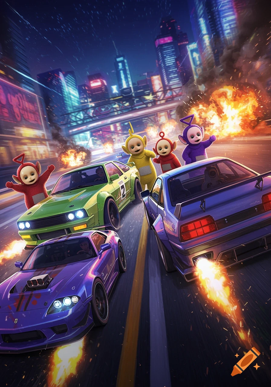 Teletubbies race customized cars through a futuristic city at night ...