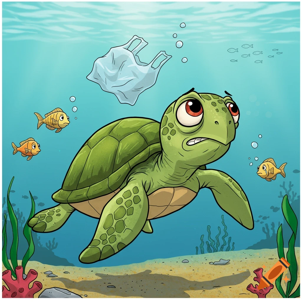 Cartoon sea turtle looking stressed near a plastic bag underwater with ...