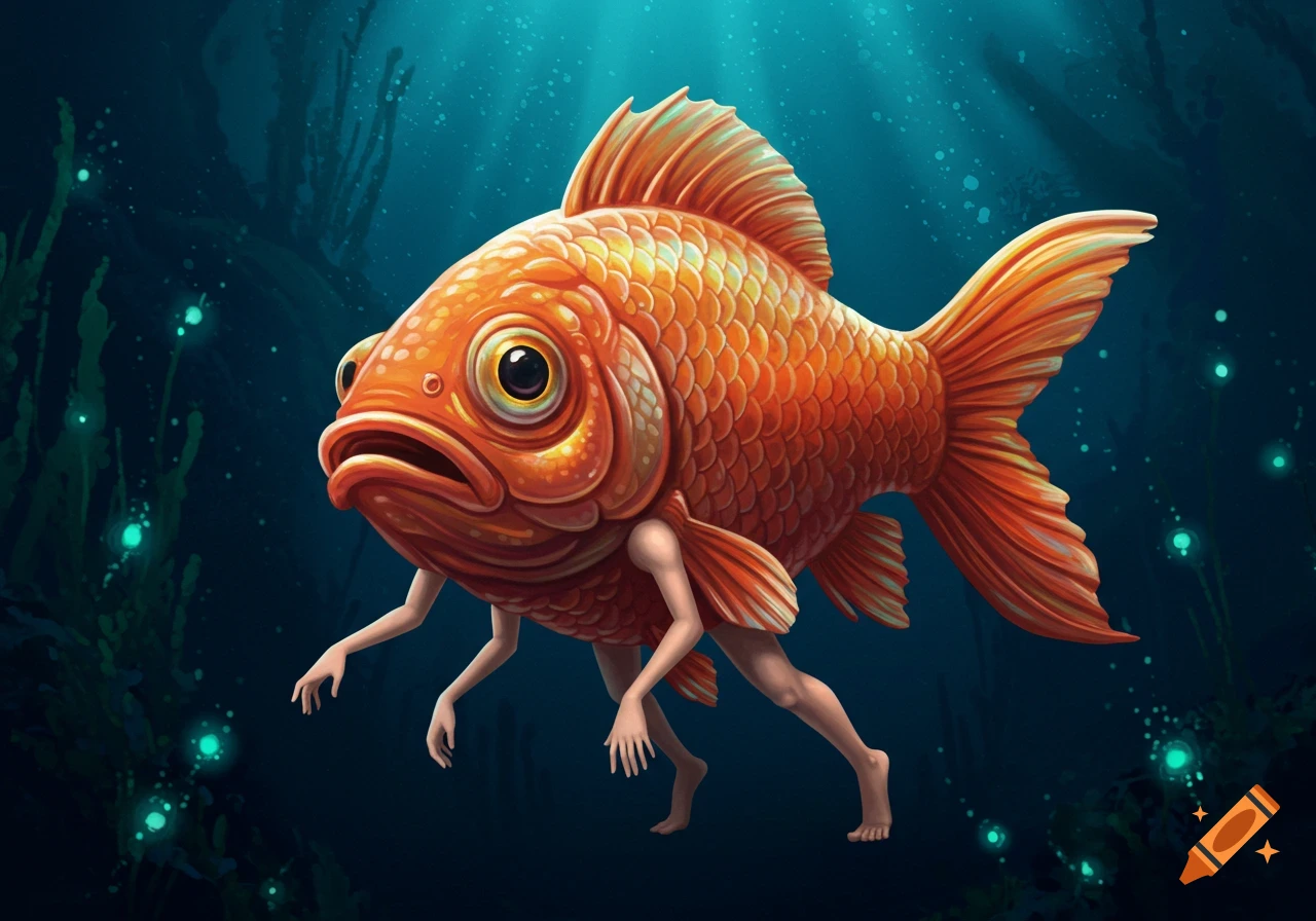 Surreal illustration of a goldfish with human arms and legs walking ...